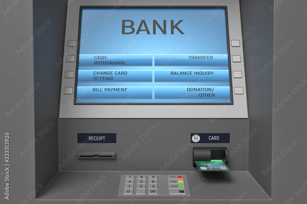 3d rendering of an ATM machine with its screen and button panel in a ...