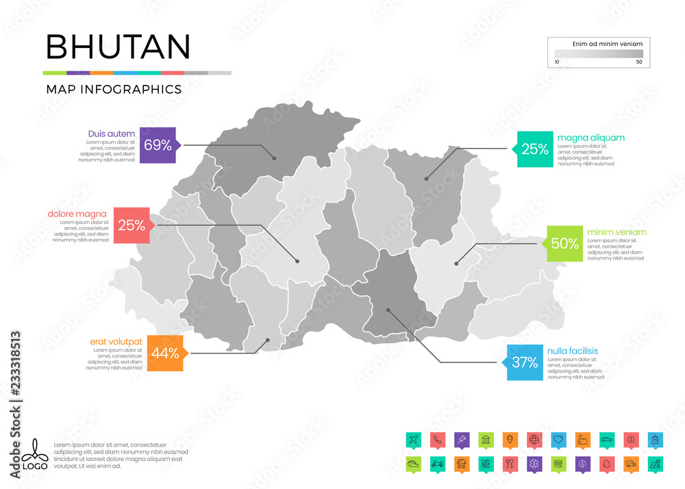Bhutan map infographics with editable separated layers, zones, elements ...