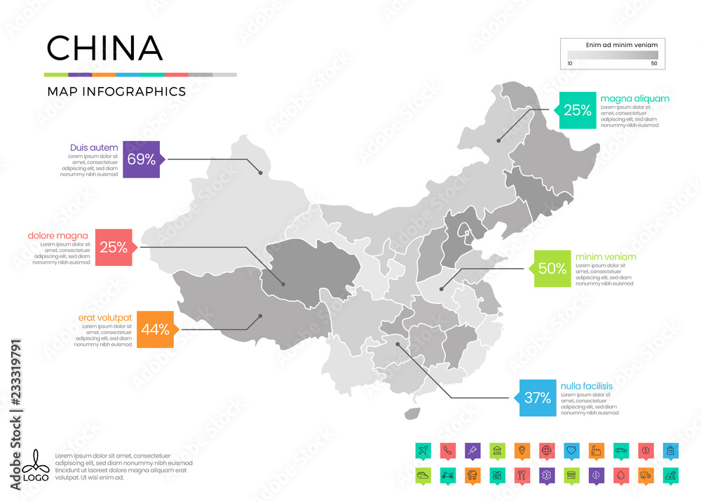 China map infographics with editable separated layers, zones, elements ...