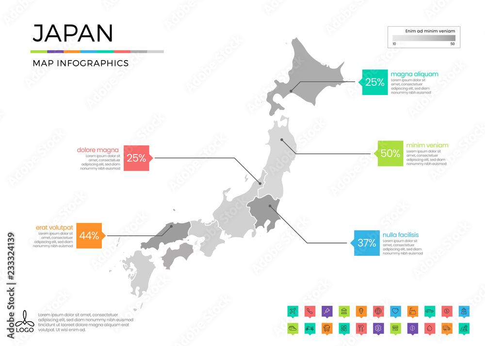 Japan map infographics with editable separated layers, zones, elements ...