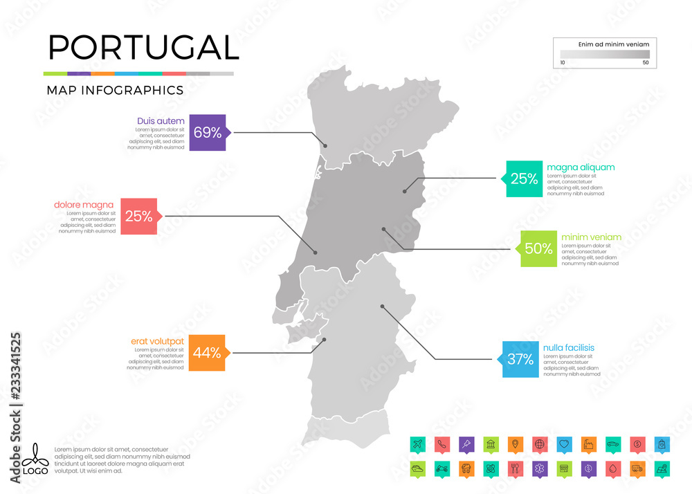 Portugal map infographics with editable separated layers, zones ...