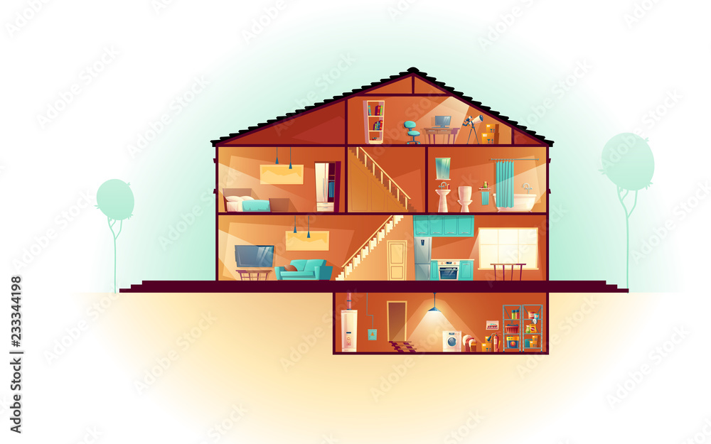 Modern house, three-storey cottage cross section interiors cartoon ...