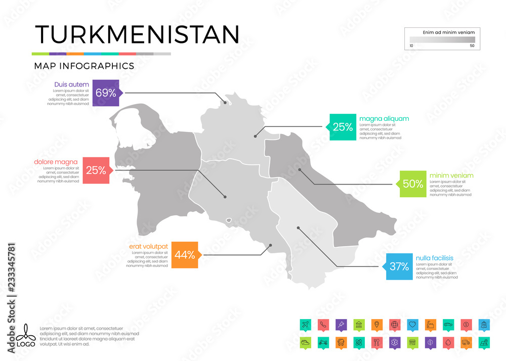 Turkmenistan map infographics with editable separated layers, zones ...