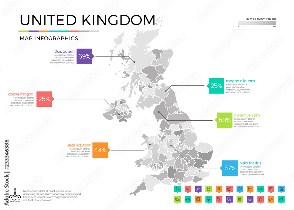 United Kingdom map infographics with editable separated layers, zones ...