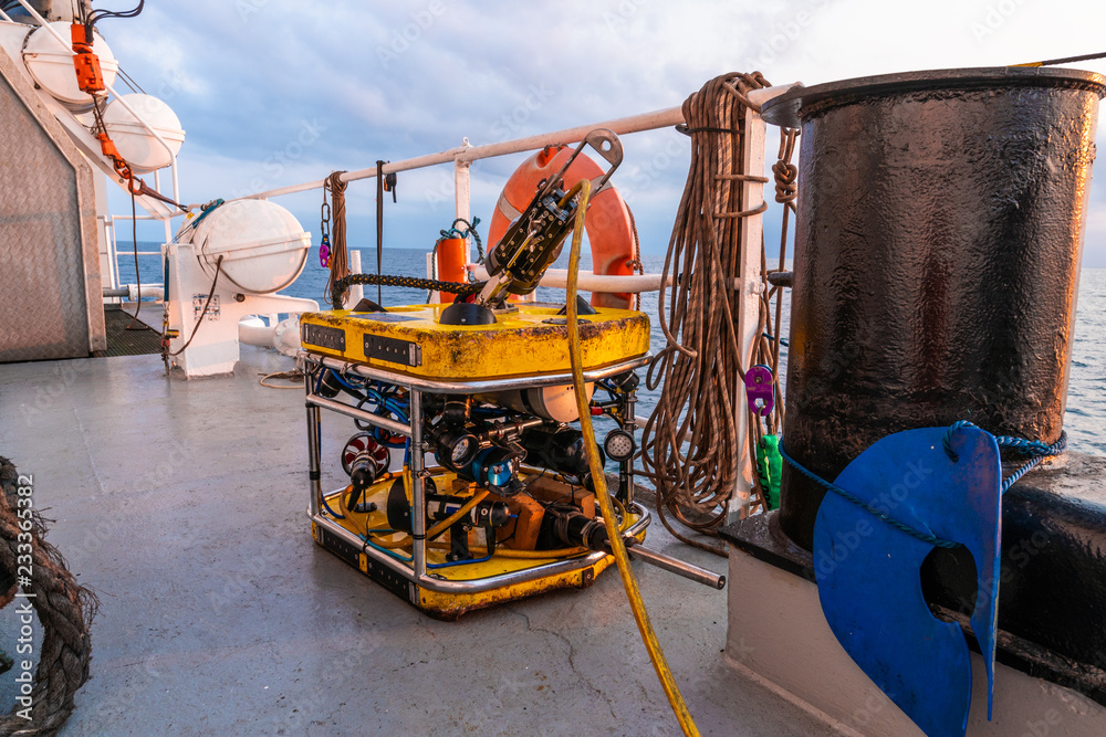 Remote operated vehicle mini ROV on deck of offshore vessel, Diving ...