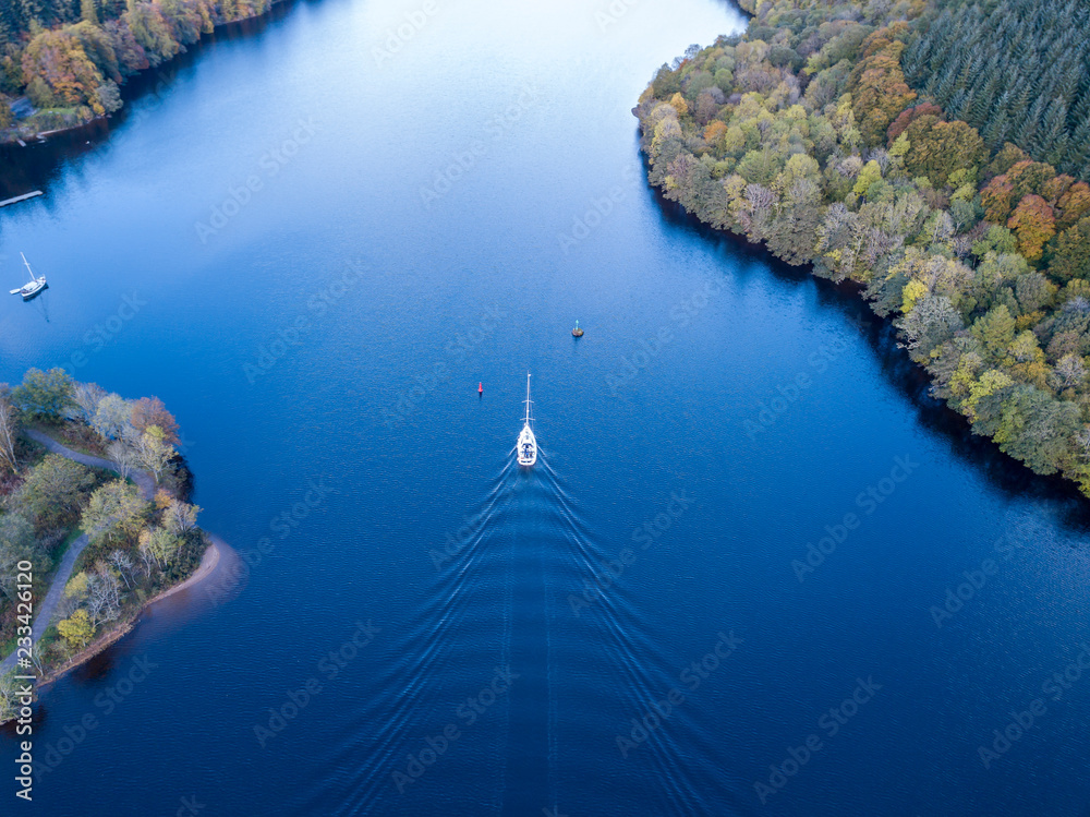 Flying through the Great Glen above Loch Oich towards Loch Ness behind ...
