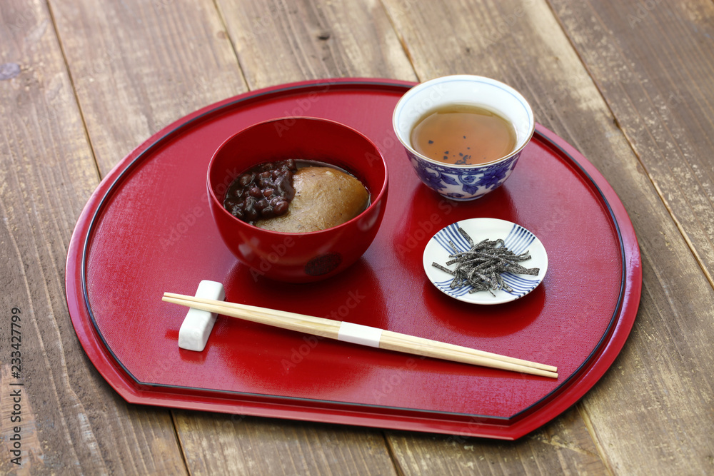 Tochi Mochi Zenzai, horse chestnuts rice cake with sweet simmered ...