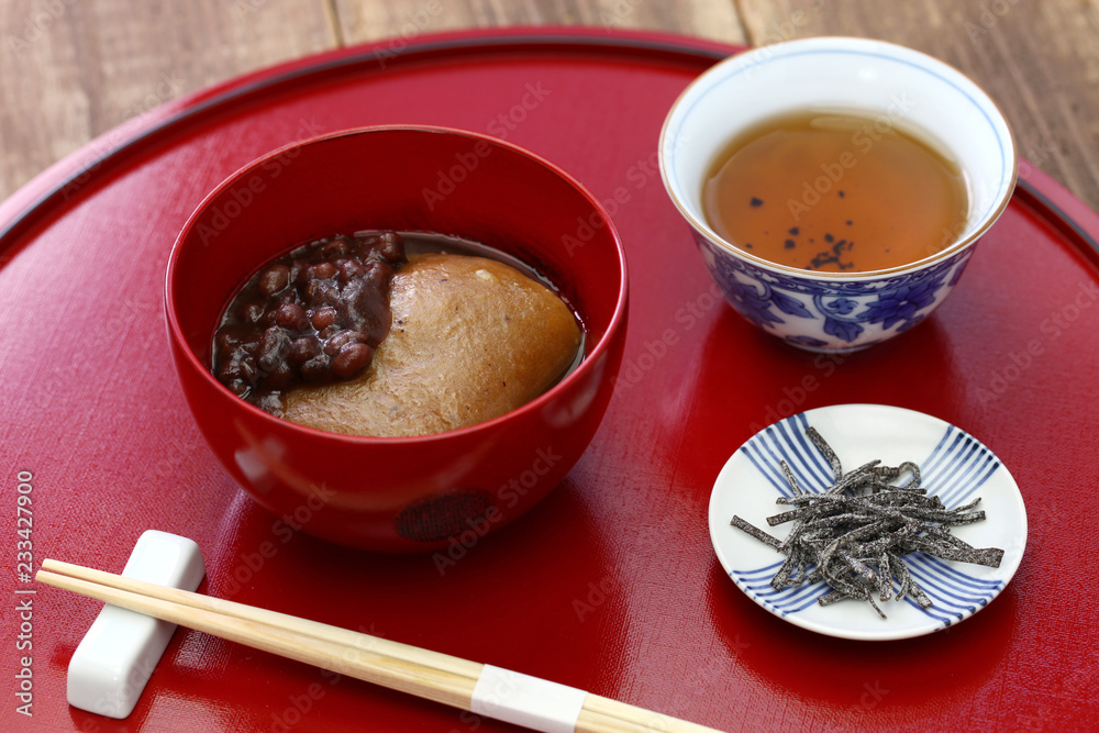 Tochi Mochi Zenzai, horse chestnuts rice cake with sweet simmered ...