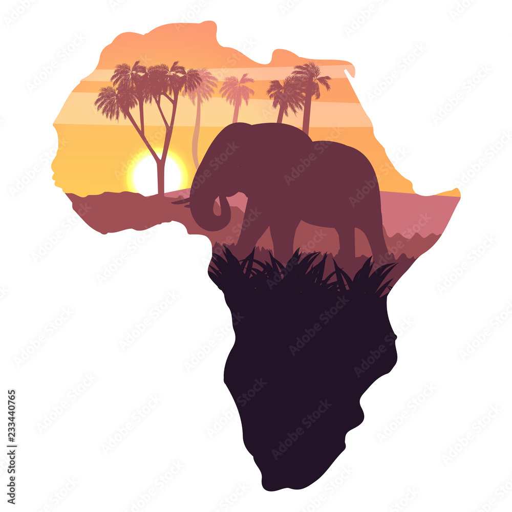 Elephant in the African savanna at sunset. Doum palms. Realistic vector ...