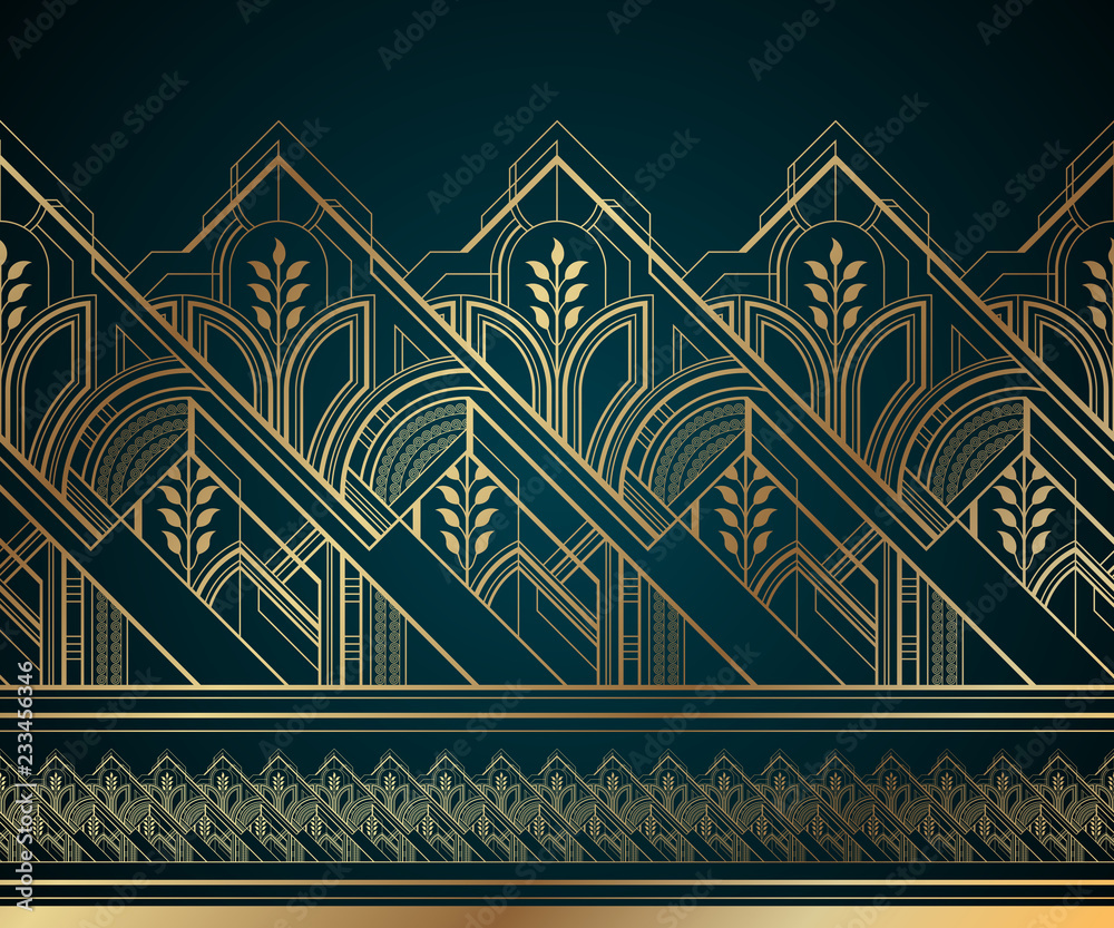Gold art deco seamless border on dark turquoise background Stock Vector ...
