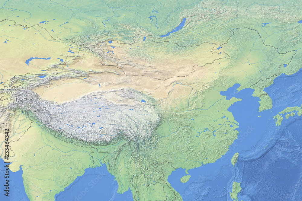 Physical map of China and adjacent countries - detailed topography ...