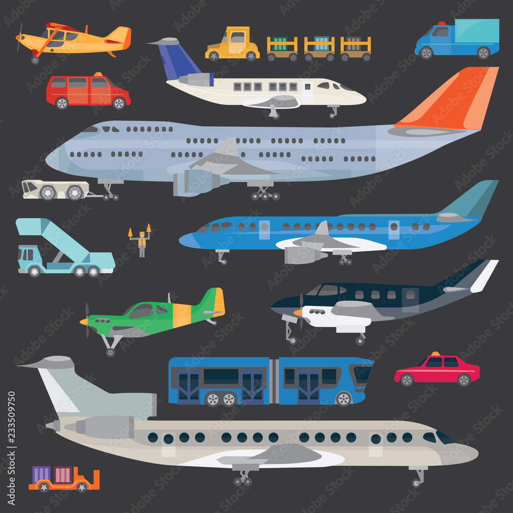 Vector illustration of airport special equipment and various types of ...