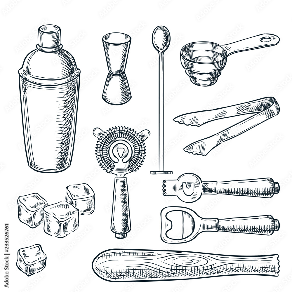 Cocktail bar tools and equipment vector sketch illustration. Hand drawn ...