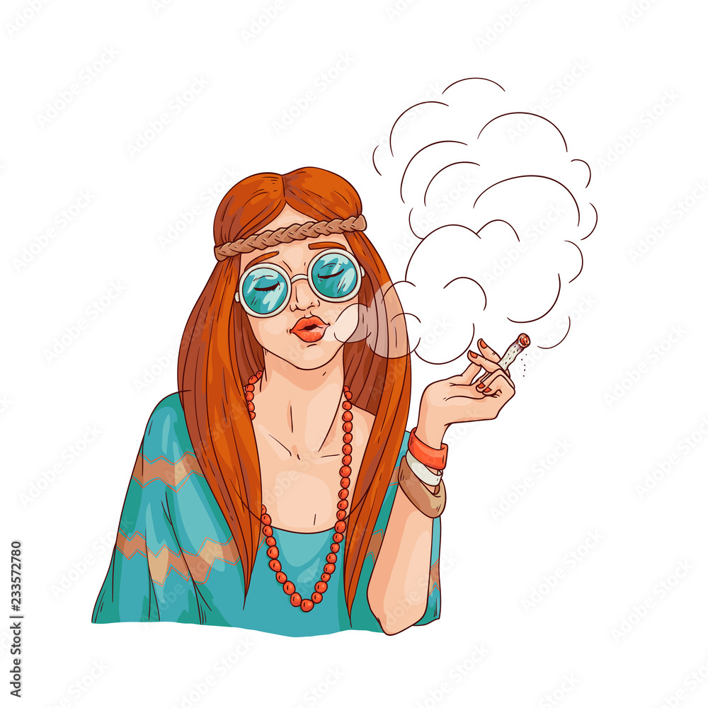 Vector hippie girl smoking cannabis. 70s hipster woman rastaman in sunglasses with marijuana ...