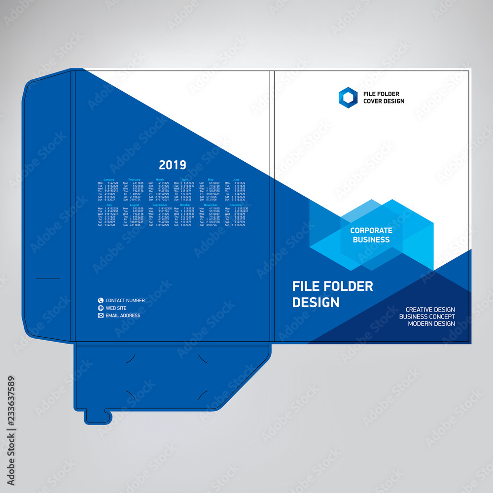 Document folder design, cover design with calendar 2019, photo and text ...