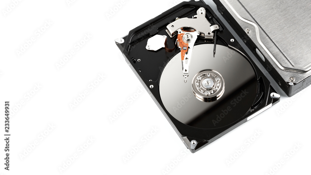 Hard drive isolated on white background. HDD. Major components of a 3.5 ...