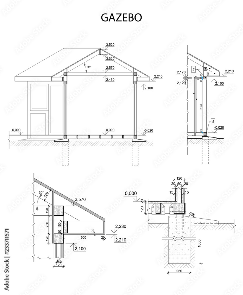 Detailed architectural plan of gazebo and its elements. Vector ...