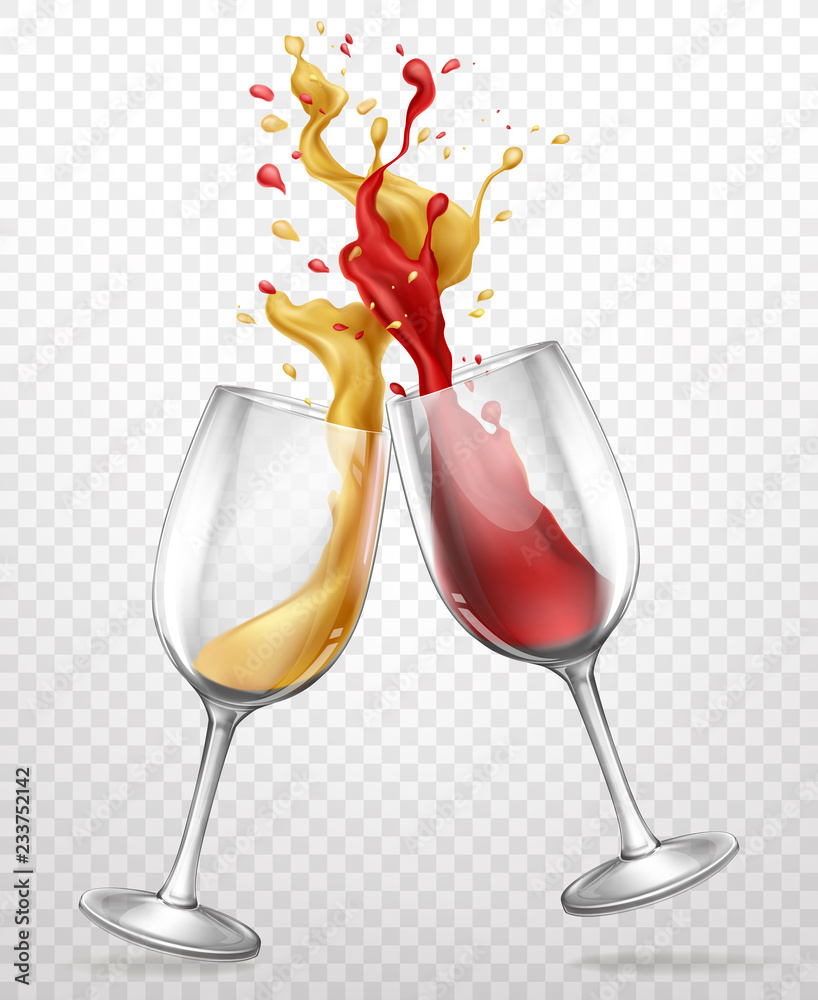Cheers realistic vector concept with red and white wine splashing ...