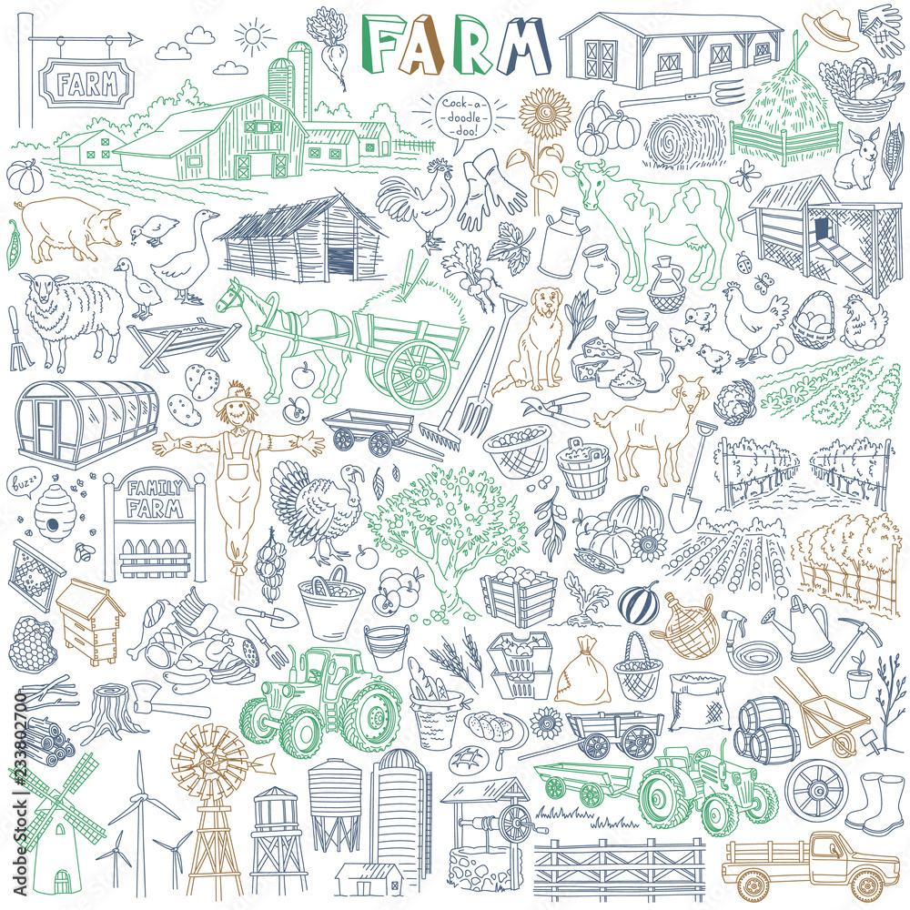 Vector de Stock Farm hand drawn vector doodle set. Dairy, poultry, meat ...
