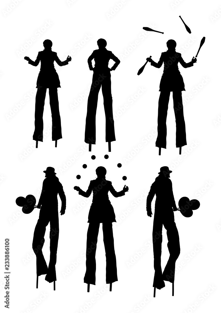 Clown on stilts with balloons vector silhouette isolated on white ...