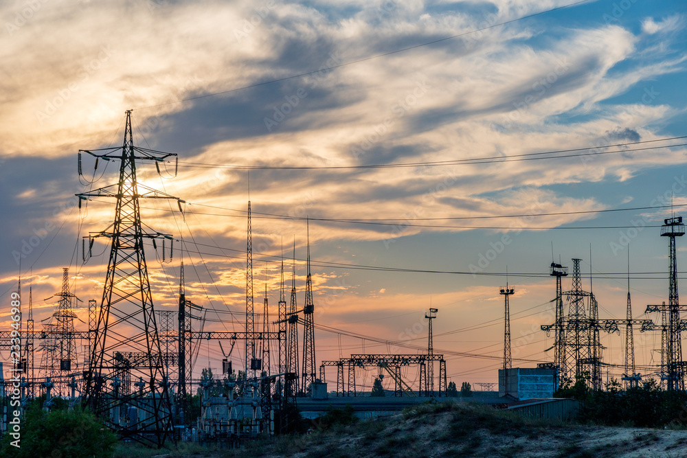 High-voltage power lines. Electricity distribution station. high ...