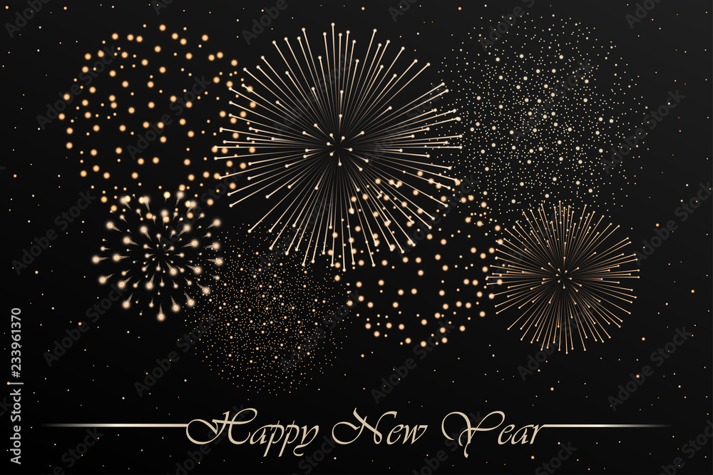 Firework show on grey night sky background. New year concept ...