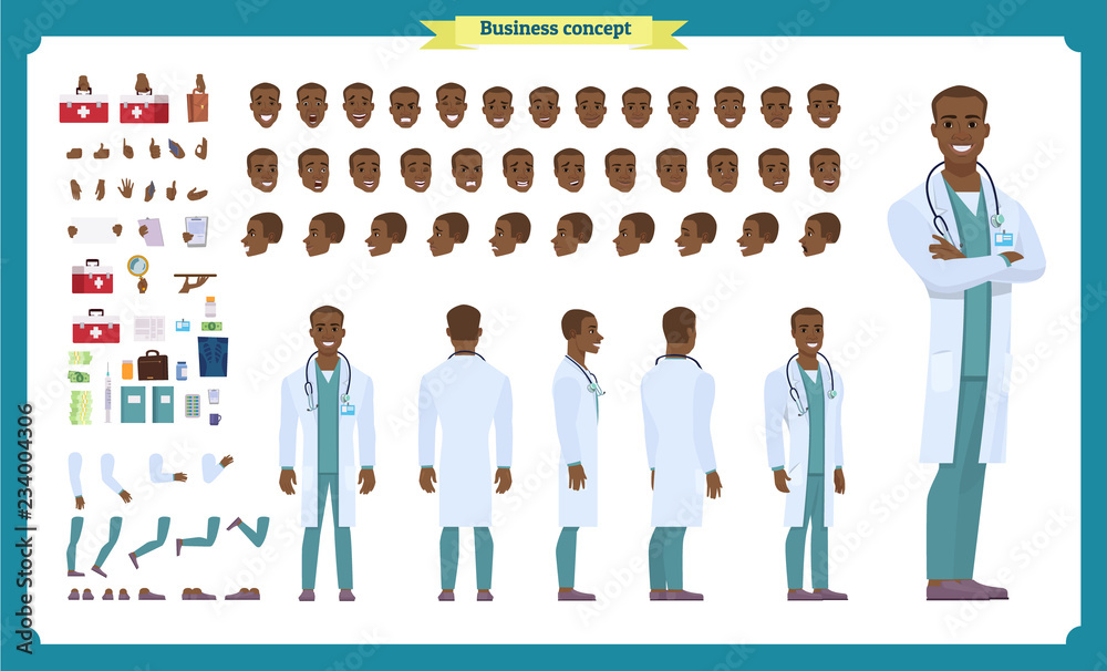 Front, side, back view animated black american character. Doctor ...