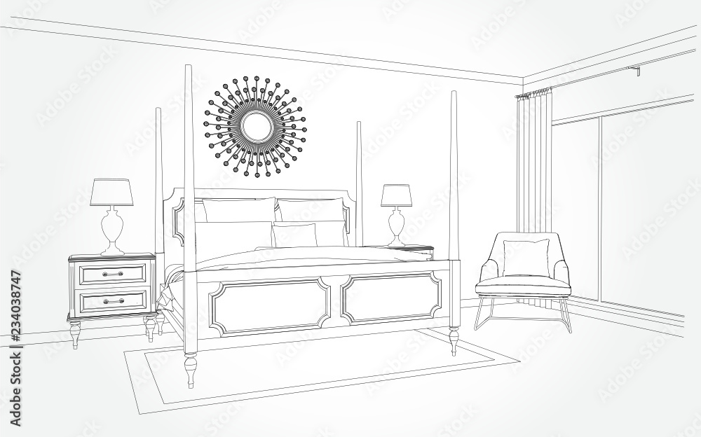 Linear sketch of an interior. Room plan. Sketch Line bedrooms. Vector ...