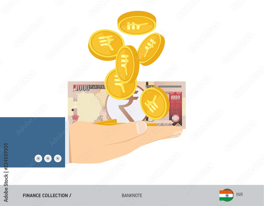 1000 Indian Rupee Banknote and coins in the palm of hands. Flat style ...
