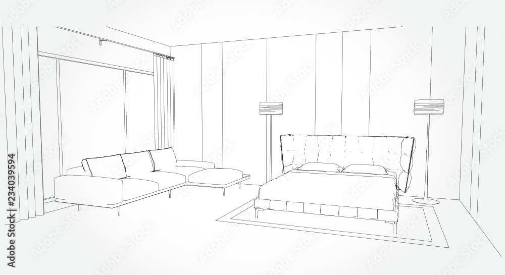 Linear sketch of an interior. Room plan. Sketch Line bedrooms. Vector ...