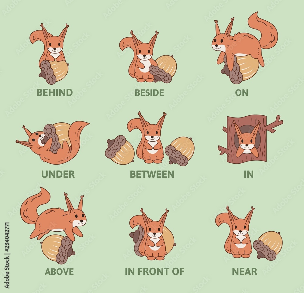 Table of prepositions of place with funny animal character. Educational ...
