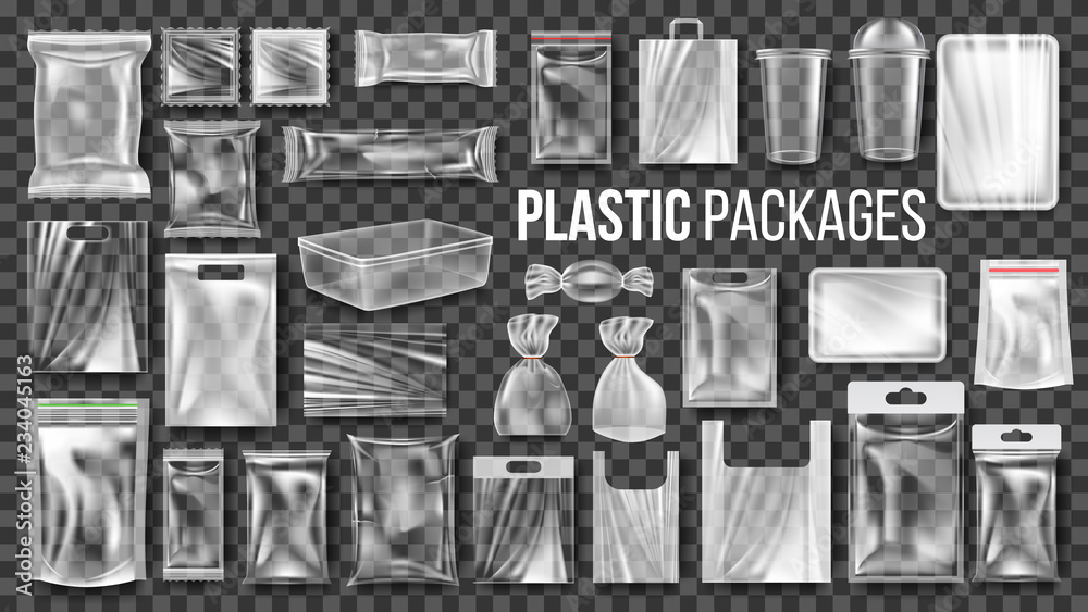Plastic Packages Transparent Wrap Set Vector. Empty Food Product ...