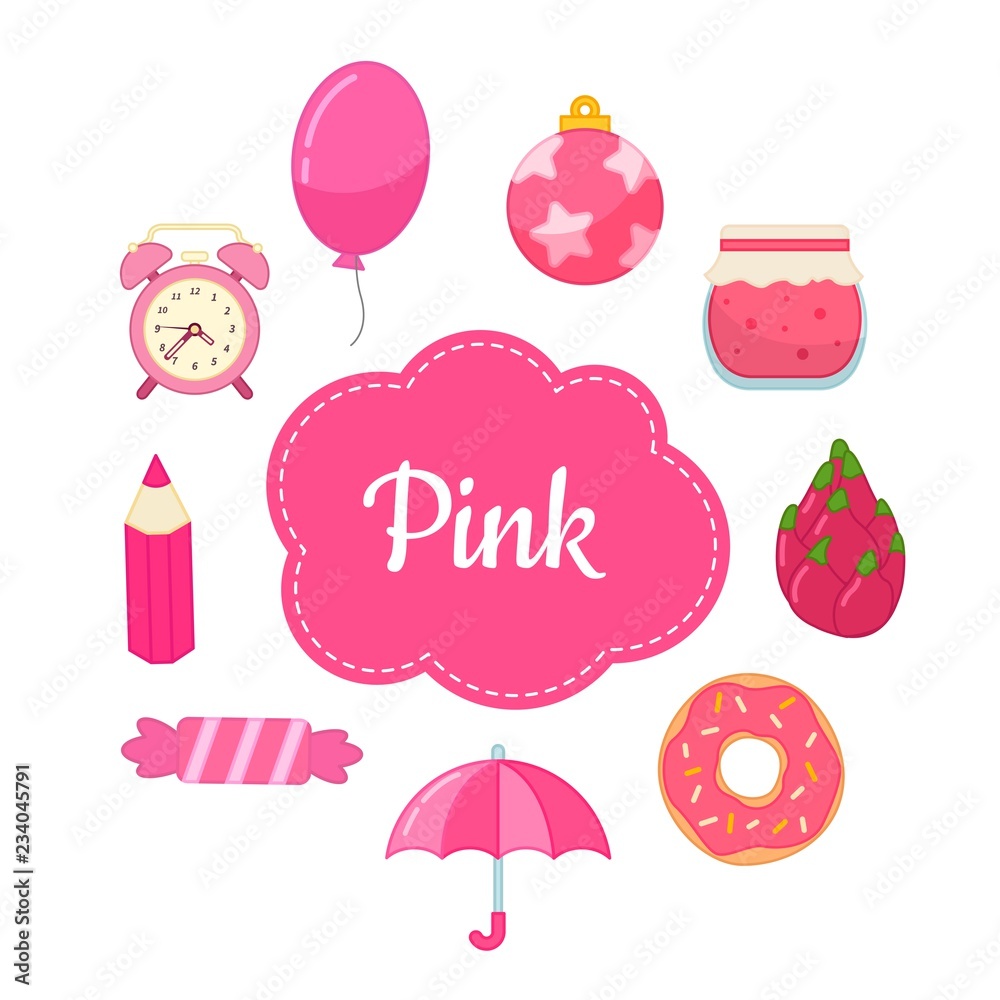 Learn the primary colors. Pink. Different objects in pink color ...