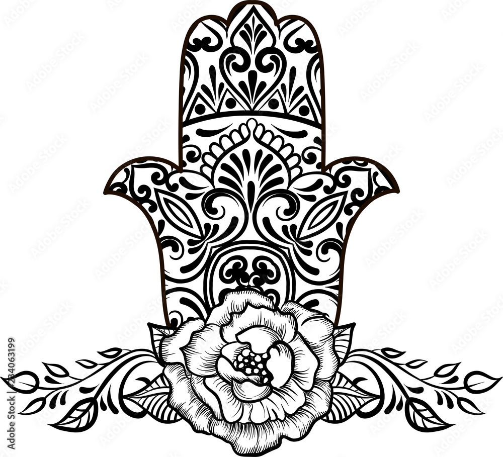 drawing of a line art Hand of Fatima Hamsa with round ethnic black and ...