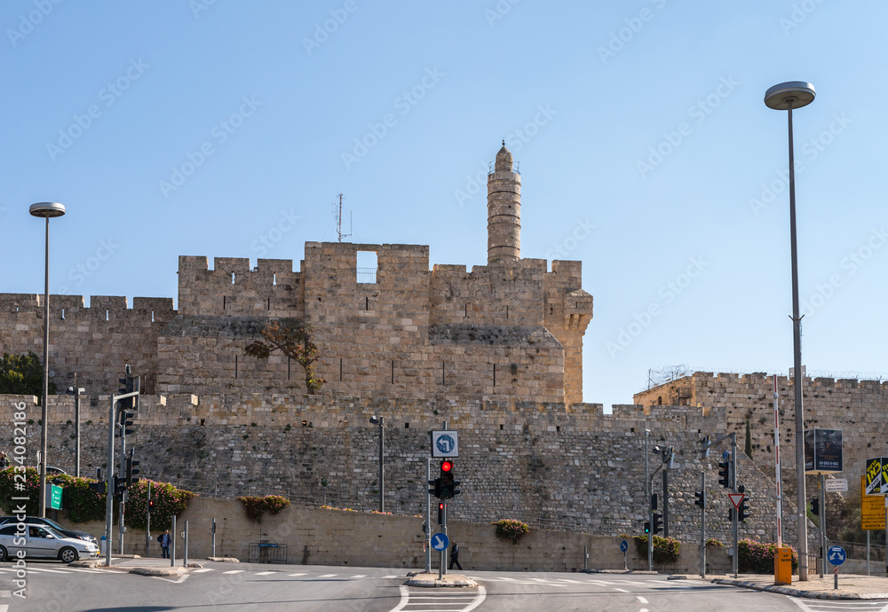 Tower of David and the fortress wall near Jaffa Gate in the old city of ...