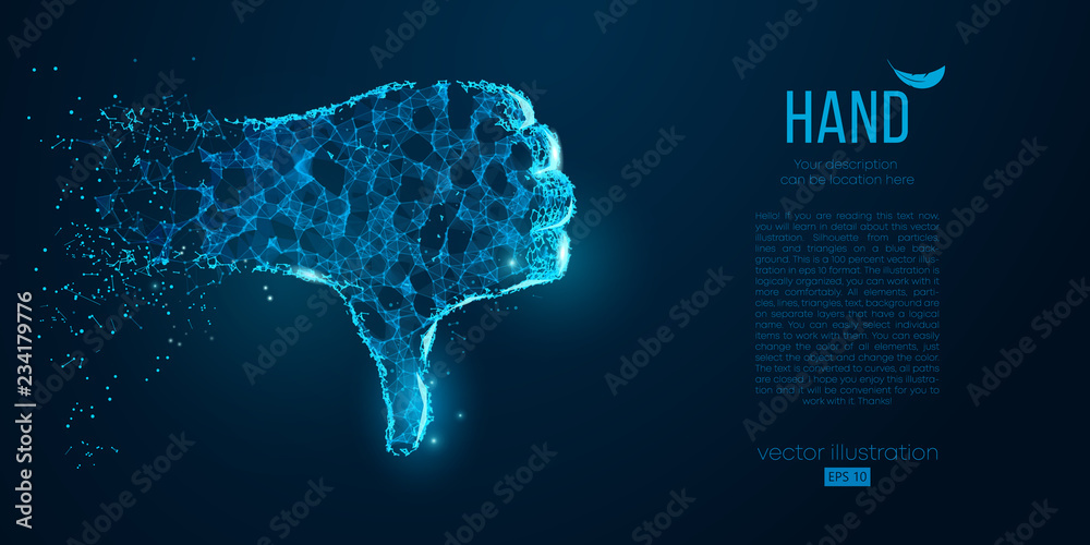 Vetor Abstract silhouette of a hand finger down from particles, lines ...