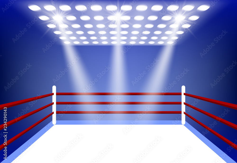boxing ring surrounded by a spotlight on a dark blue background and ...