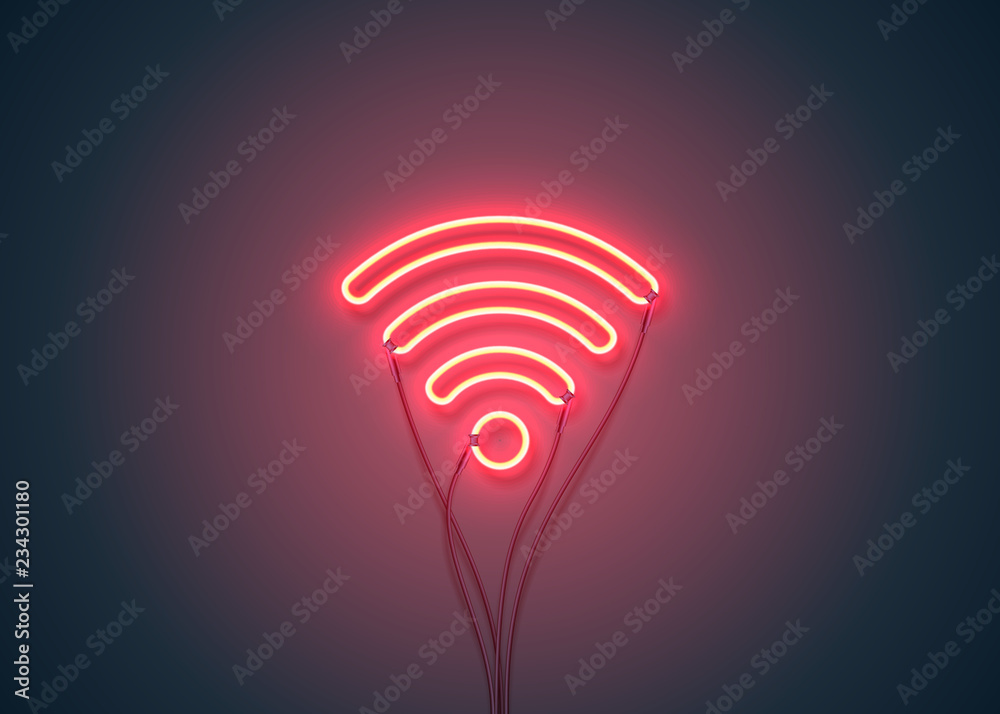 Neon sign. Retro bright neon sign Wifi Hotspot on purple background ...
