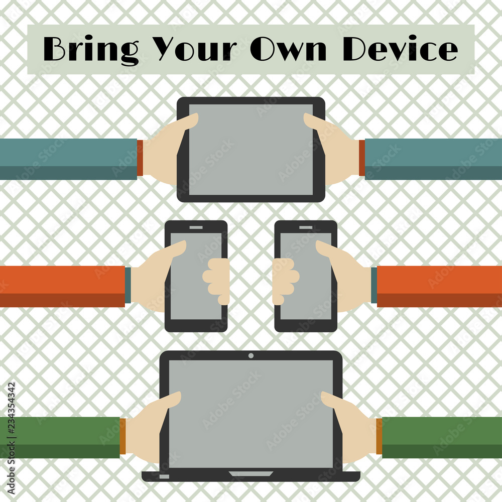 Vector illustration of Bring Your Own Device or BYOD concept in flat ...