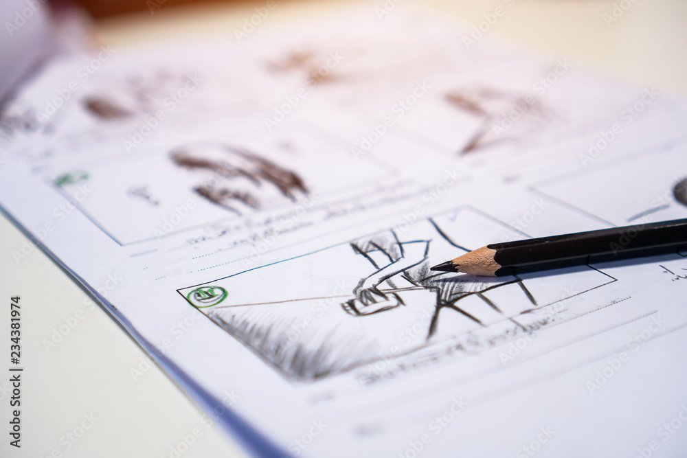 Pencil on Storyboard movie layout for pre-production, storytelling ...