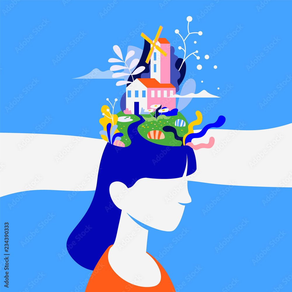 Concept about the processes of thinking of women. Creating ideas in the ...
