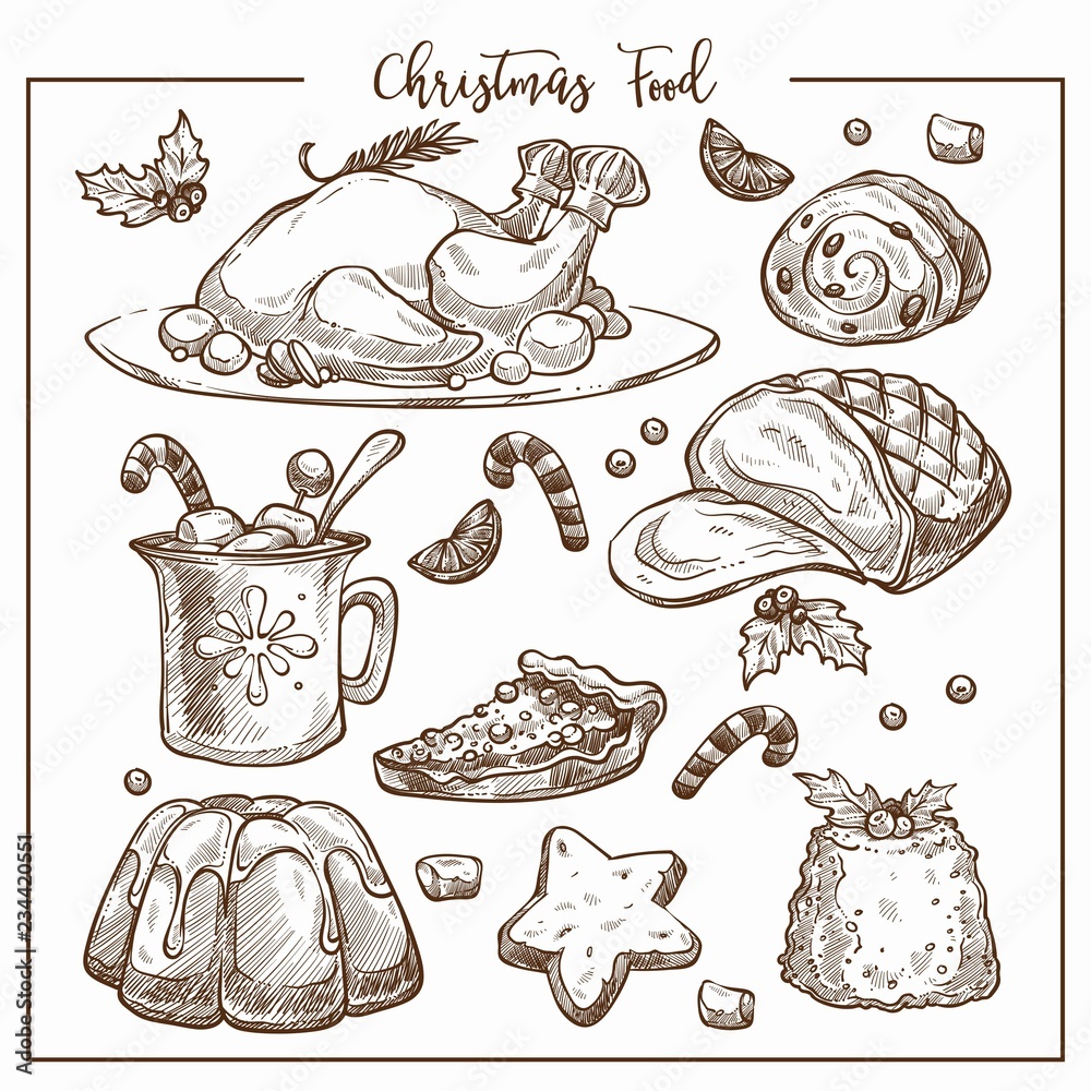 Christmas traditional dinner menu vector sketch illustration set of ...