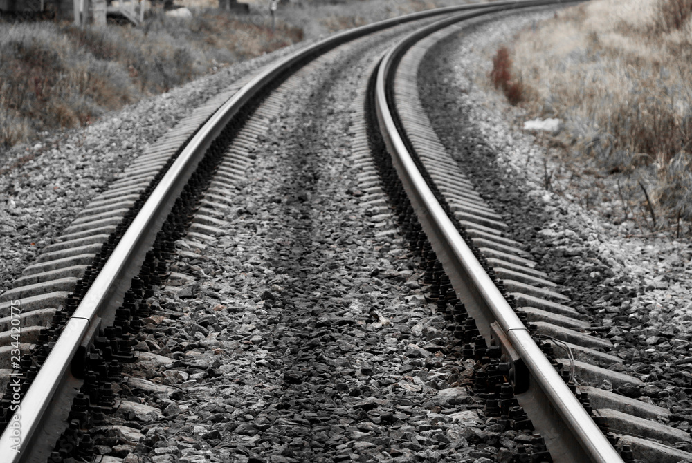 railway in the industrial zone..empty rails with a semaphore, in ...