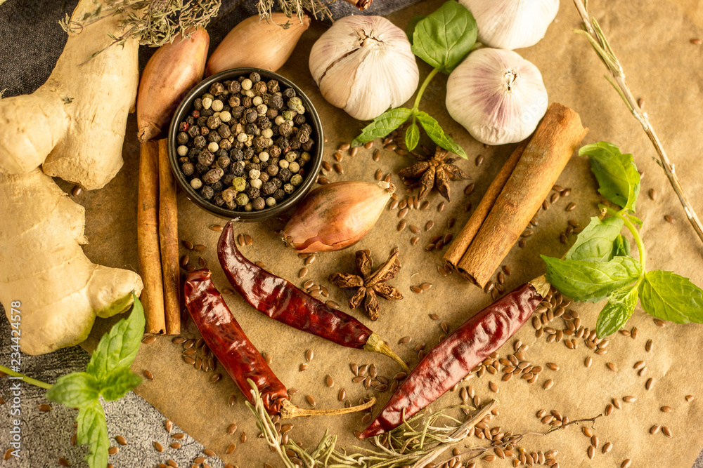 Spice collage - Mix of red, black and white pepper, garlic, shallots ...