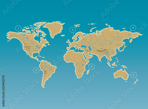Simplified world map with rivers and mountains. Flat design and label ...