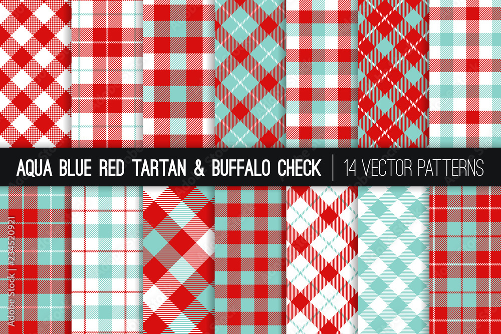Aqua Blue and Red Tartan and Buffalo Check Plaid Vector Patterns ...