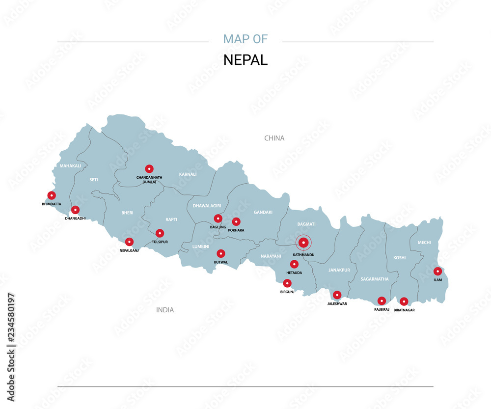 Nepal vector map. Editable template with regions, cities, red pins and ...