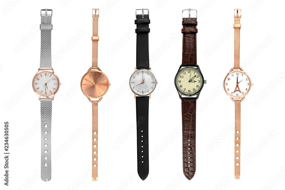 Woman stylish watches. Set of five female watches of various sizes and ...