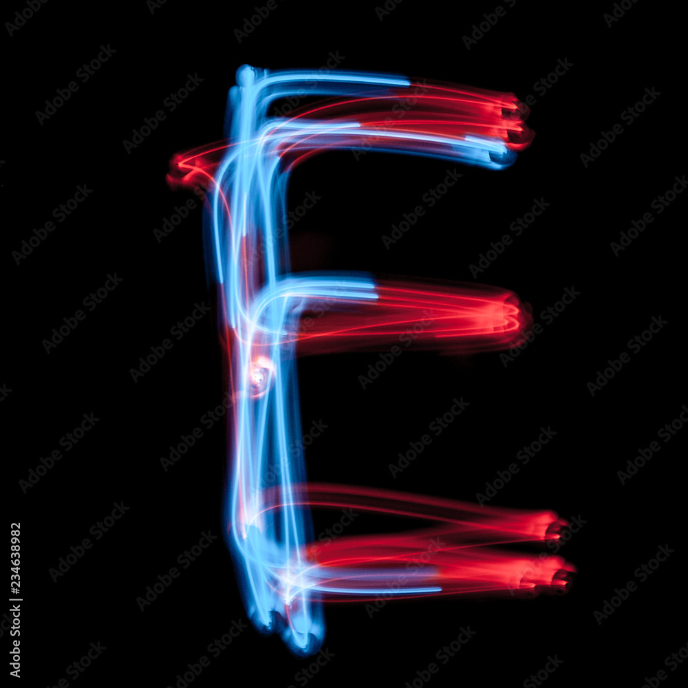 Letter E of the alphabet made from neon sign. The blue light image ...