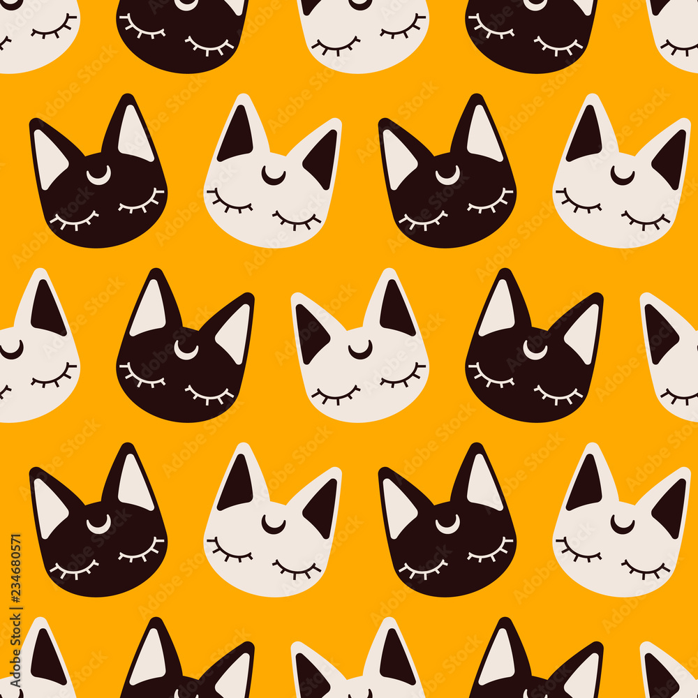 Lovely monochrome cats pattern with moons on forehead on bright yellow ...